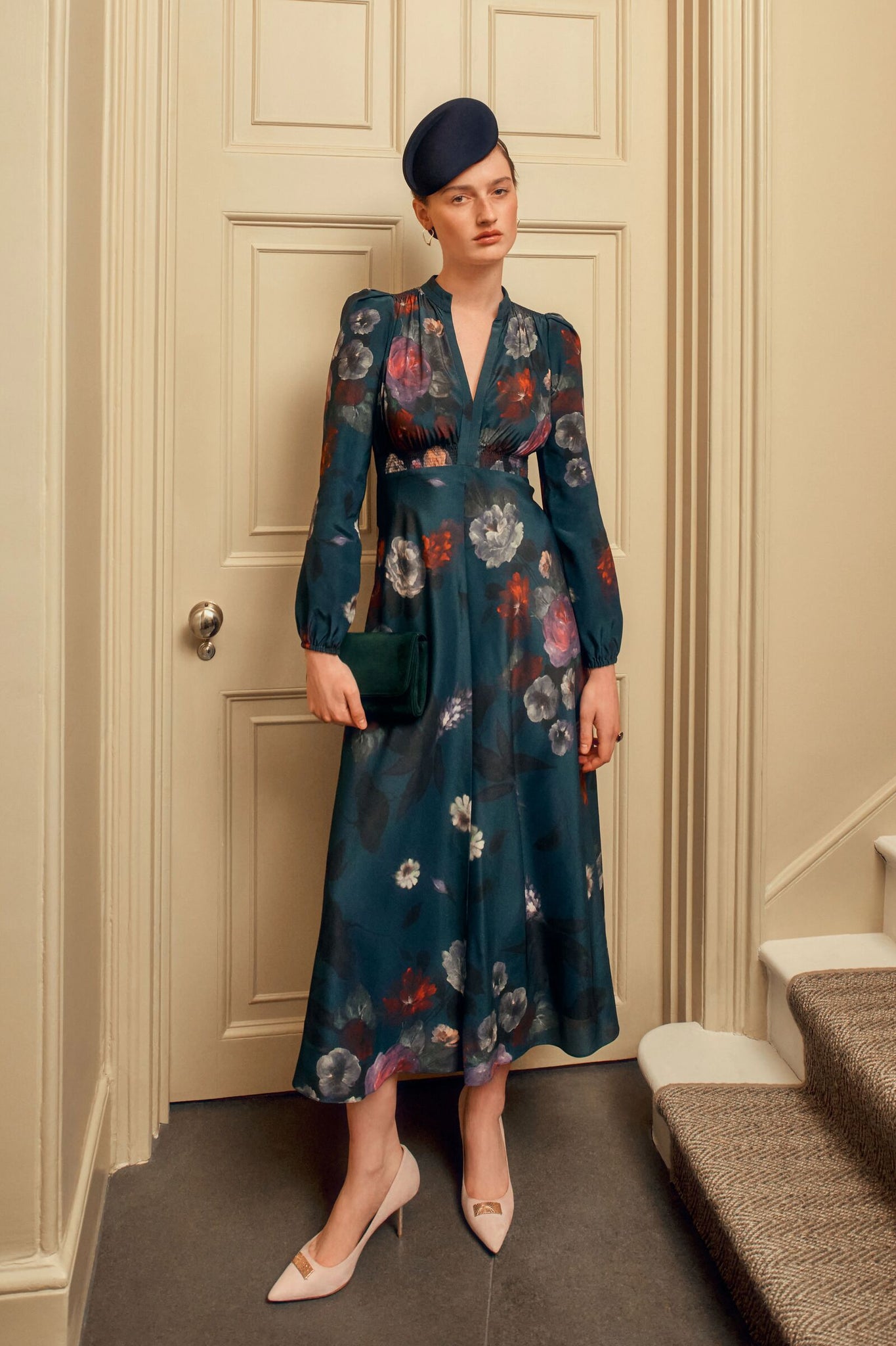 Baroque Tea Dress | Midnight Painterly Floral | Suzannah London
