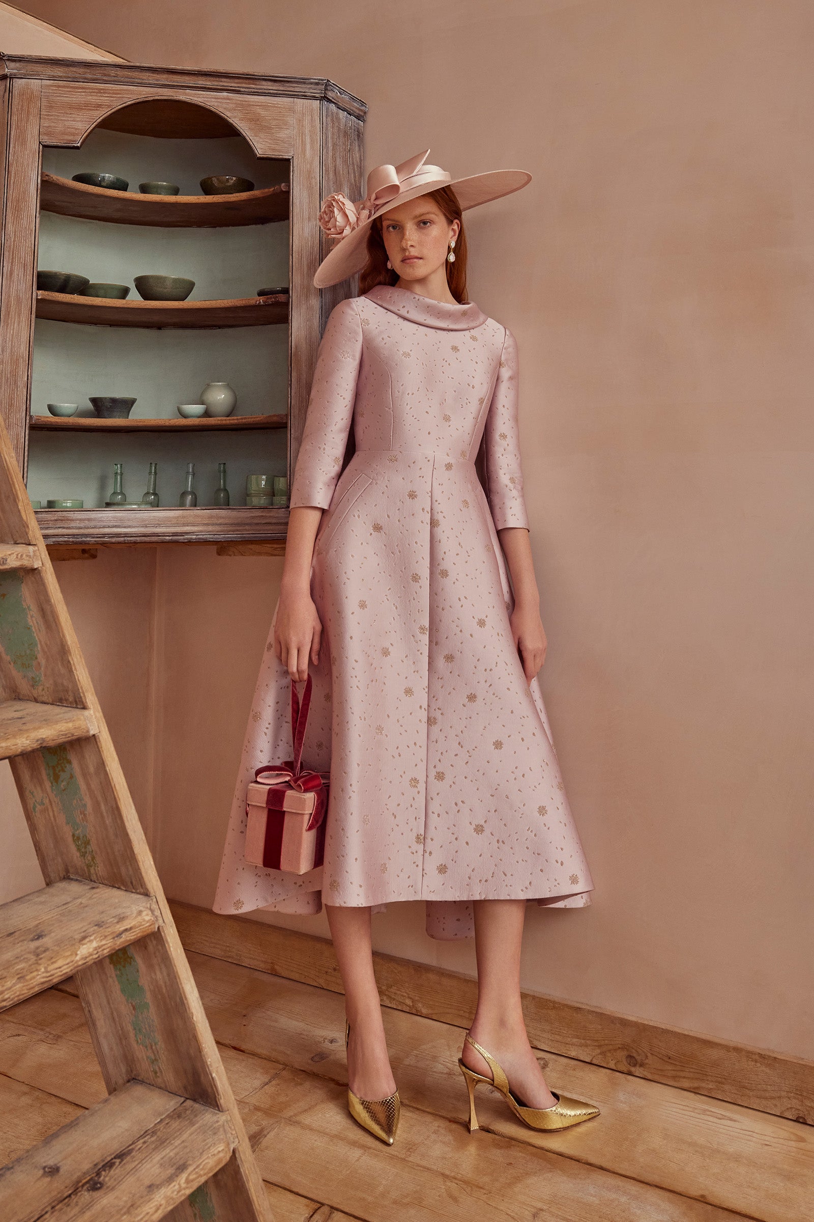 Blythe Midi Dress Pink Petal Jacquard | Suzannah London