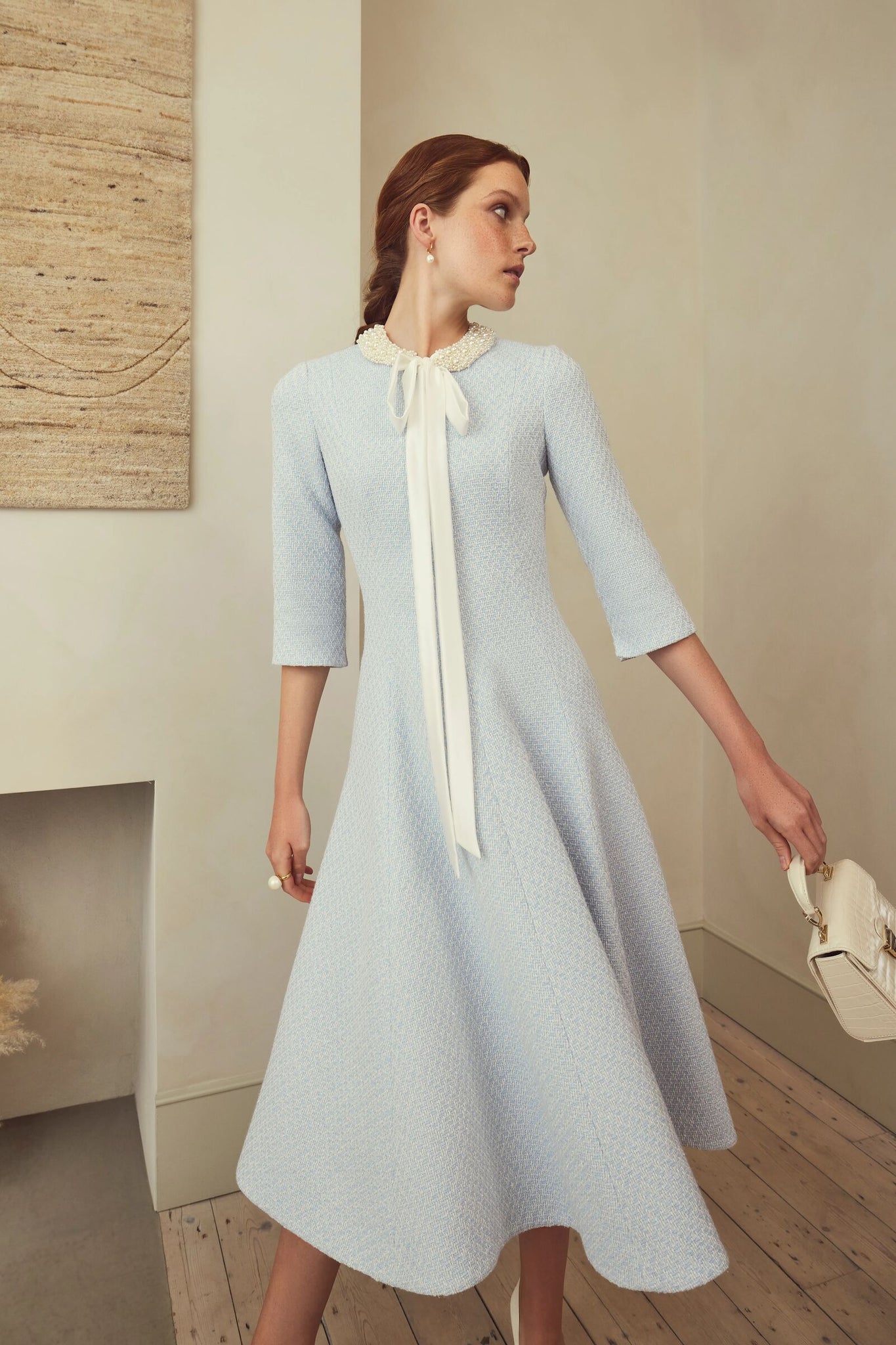 Lucy Midi Dress Light Blue Metallic Tweed | Suzannah London | Luxury ...