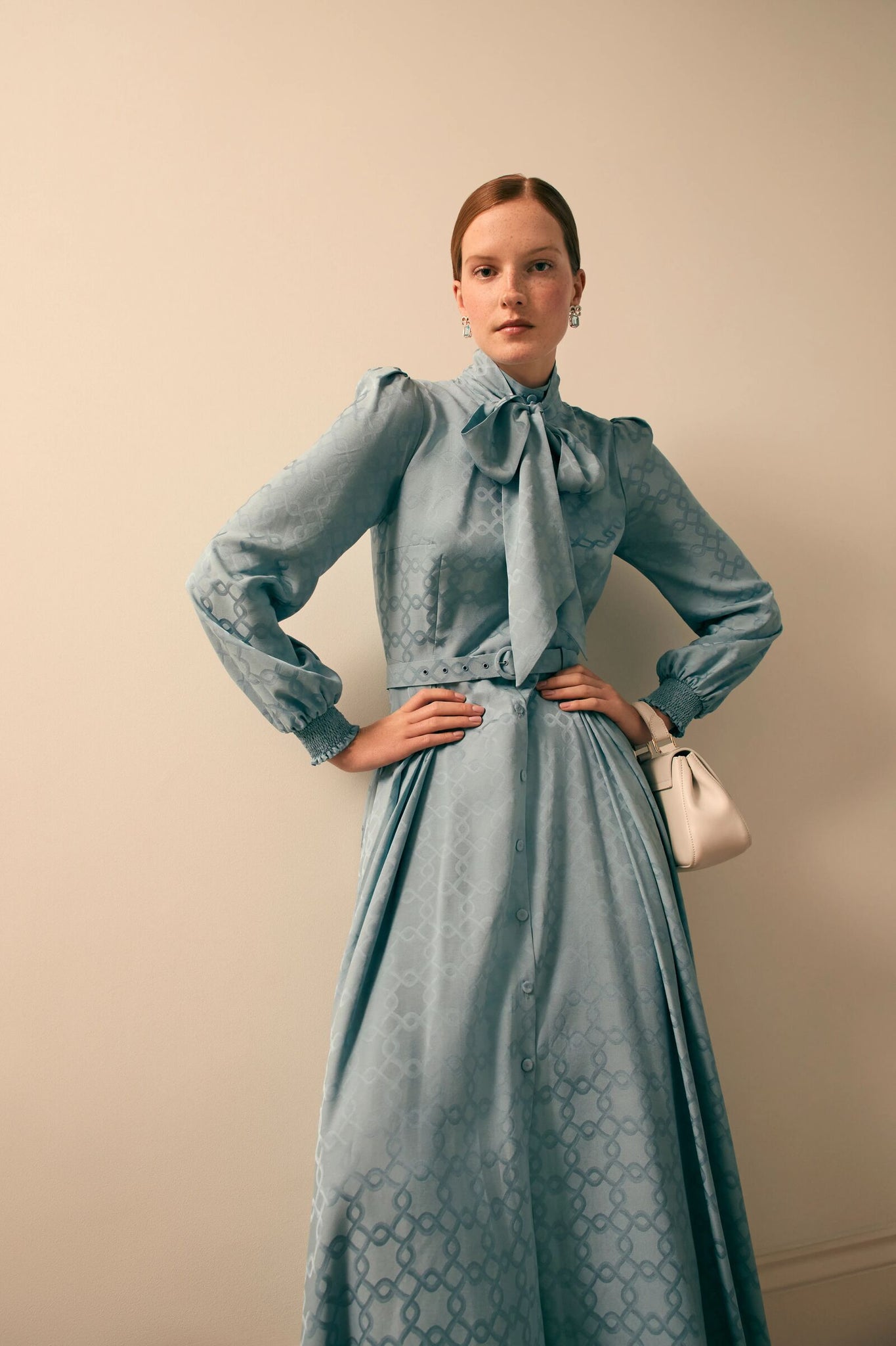 Sidney Dress Geometric Jacquard Heritage Blue | Suzannah London ...