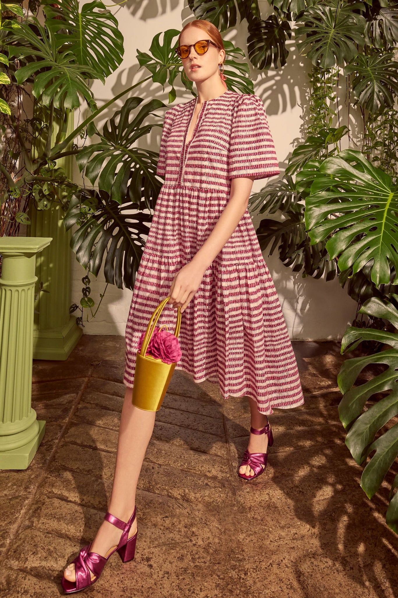 Tierney Printed Day Dress Pink Ladders | Suzannah London