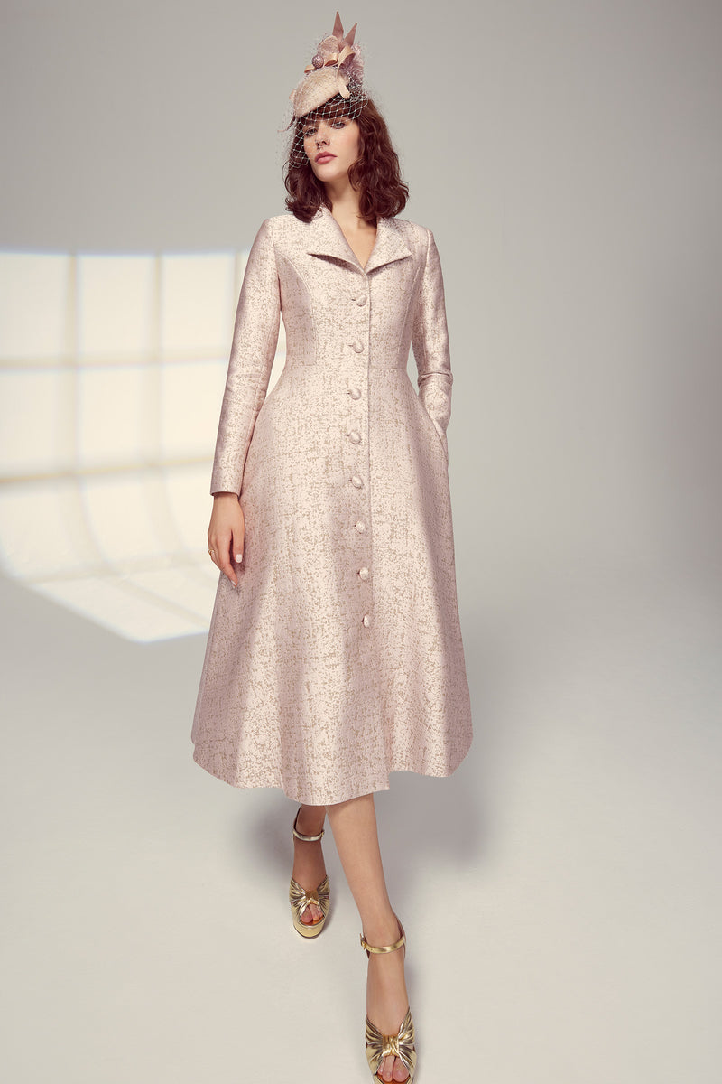 Hunter Coat Dress Soft Pink Molten Jacquard | Suzannah London